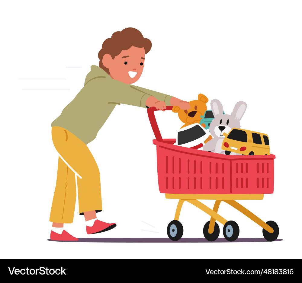 Joyful boy characters pushing supermarket trolley Vector Image