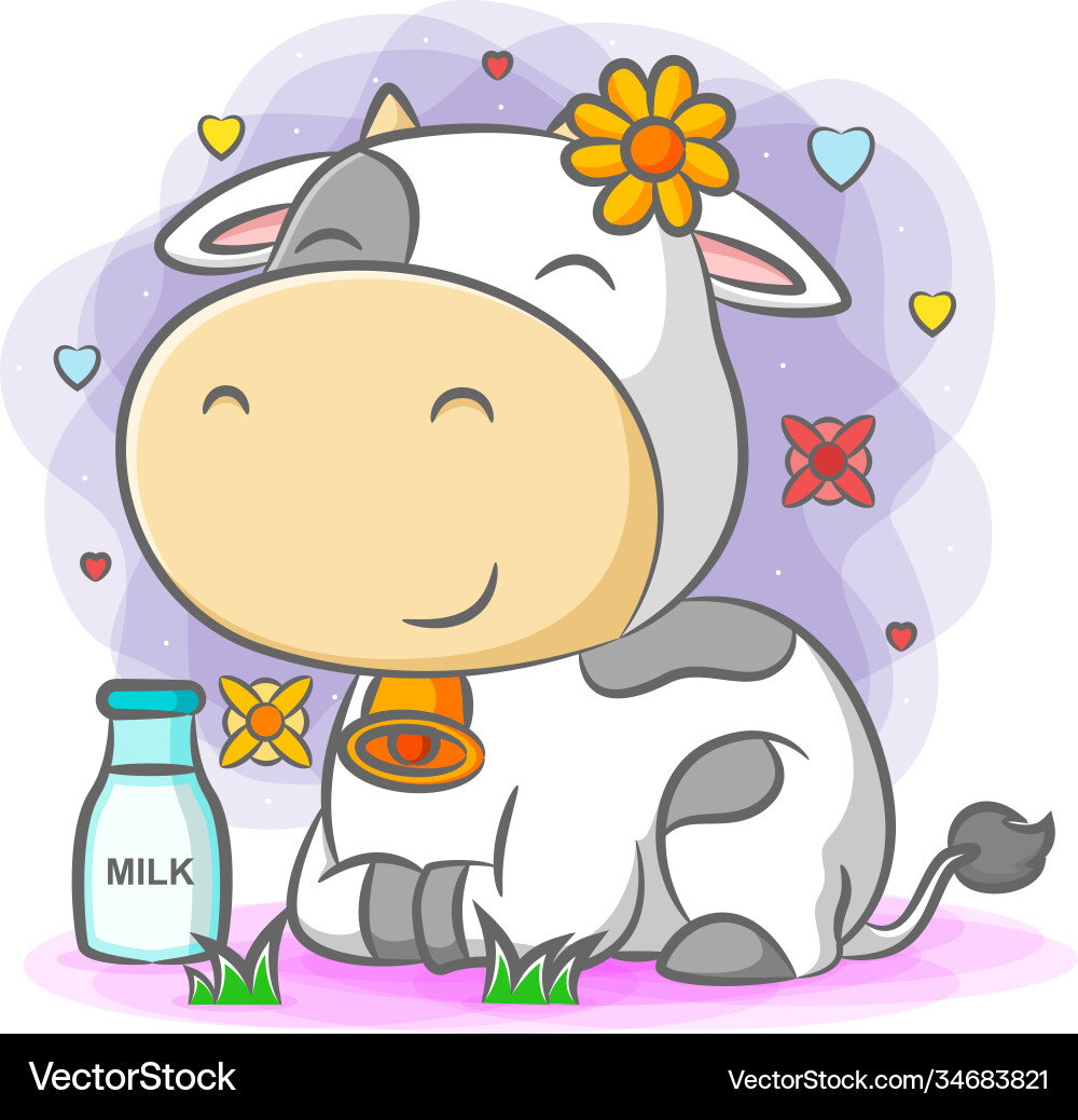 Cow sitting and smiling with a bottle milk Vector Image