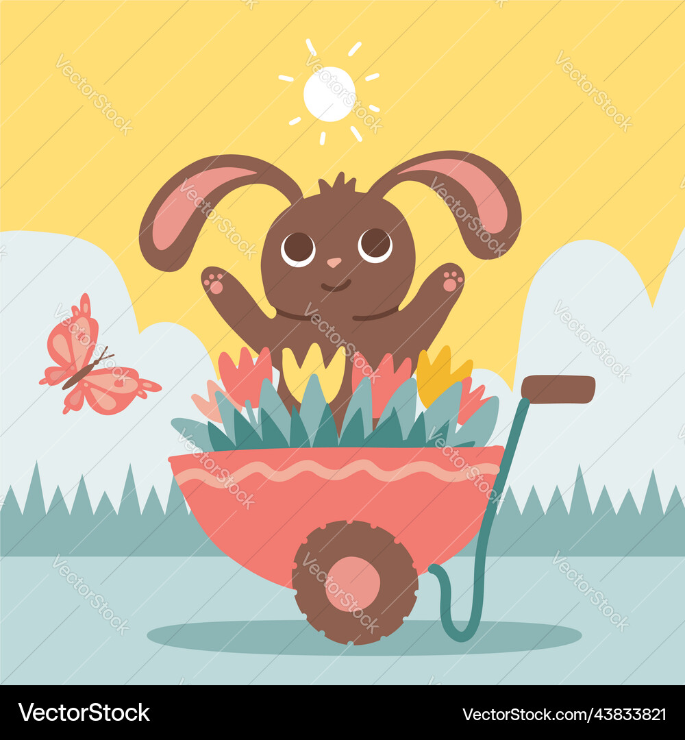 Cute childish rabbit sitting in the wheelbarrow Vector Image