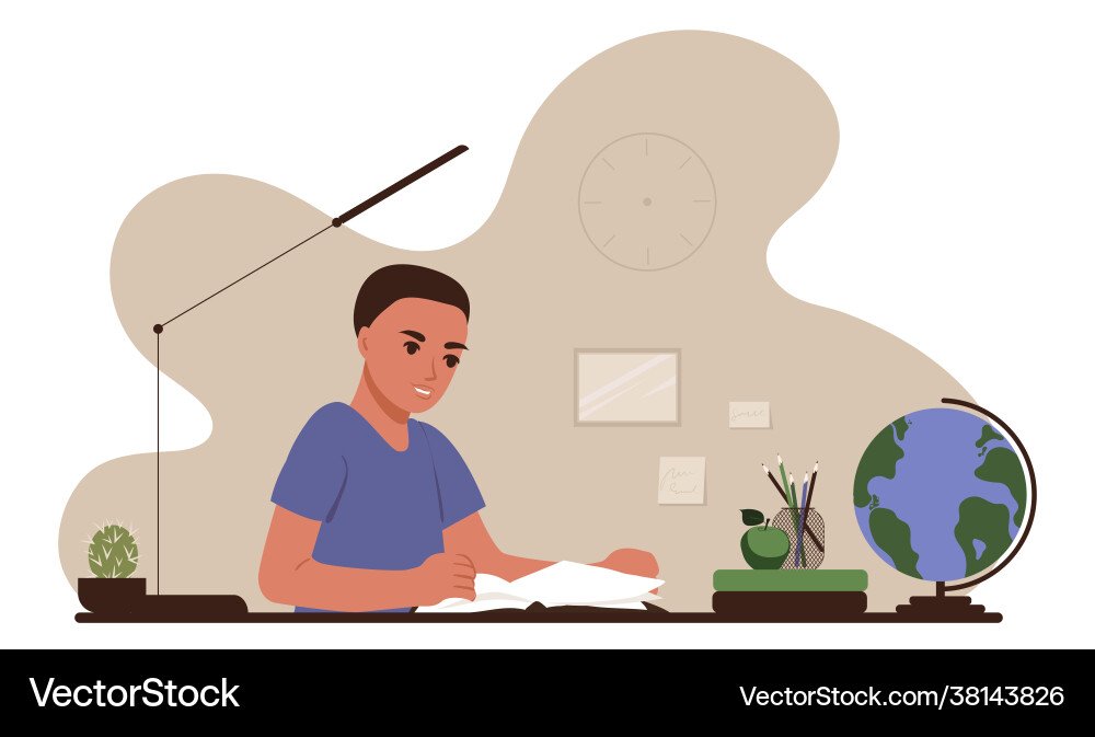 Boy is sitting at table and studying at books Vector Image
