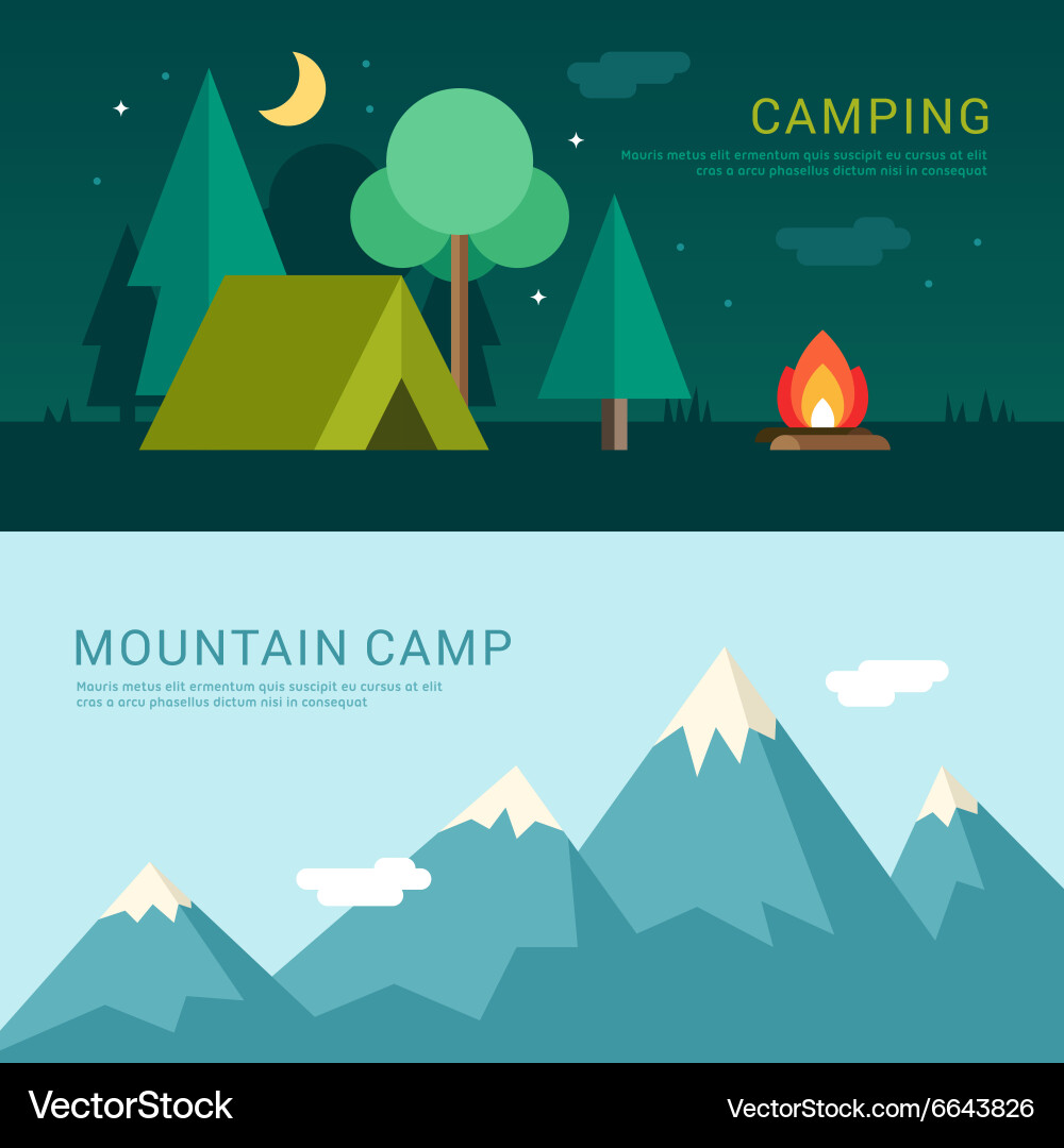 Camping and Mountain Camp in Flat Design Style for