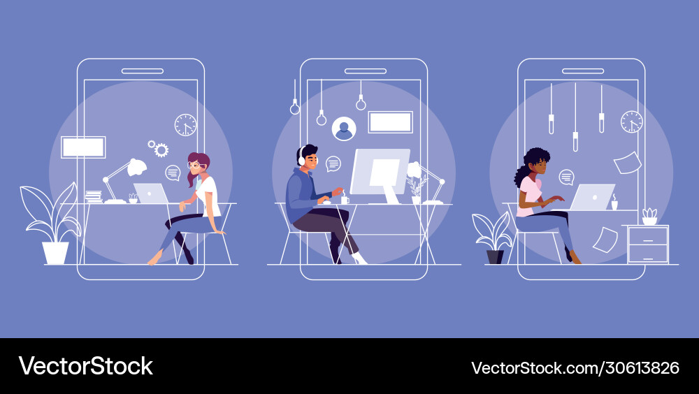 Set cards people working from her home Royalty Free Vector