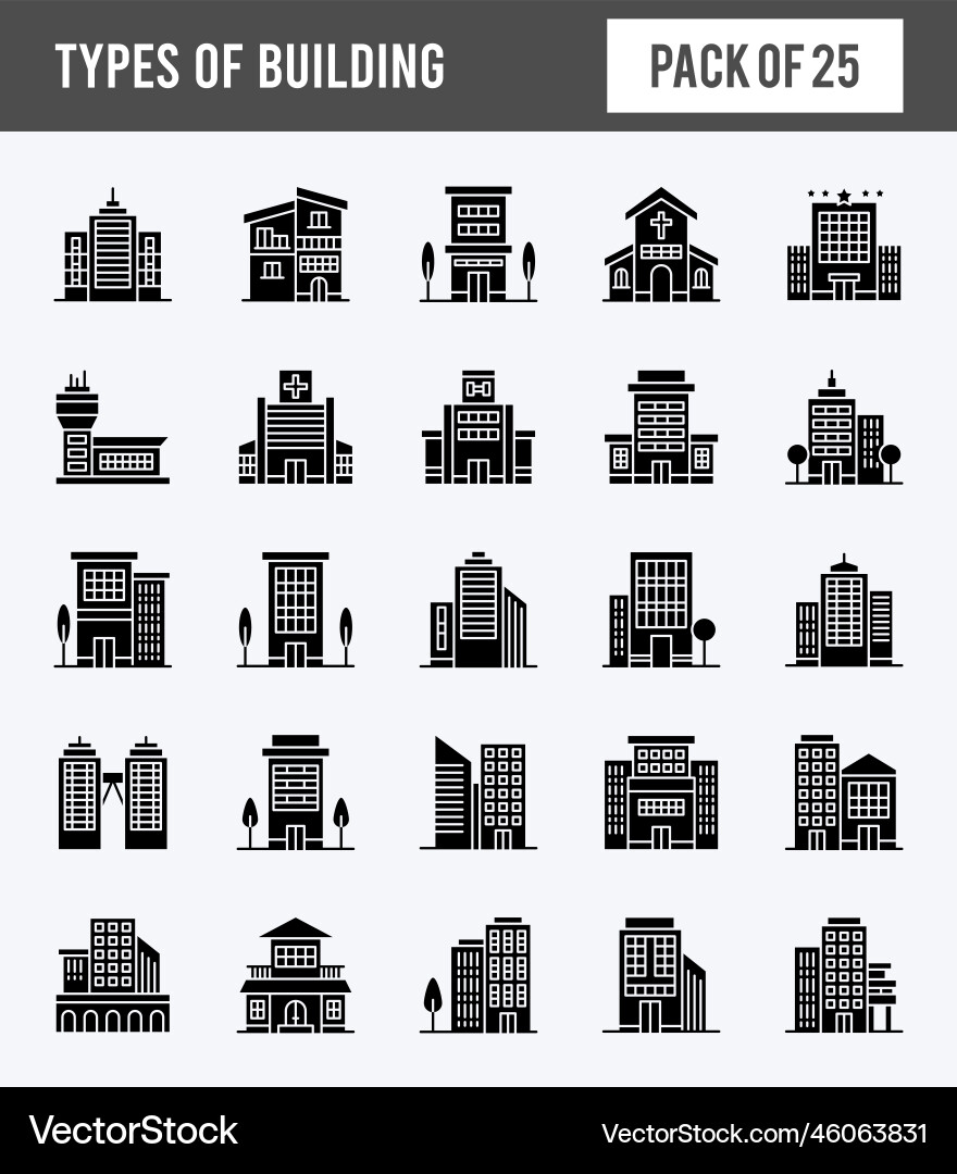 25 types of building glyph icon pack Royalty Free Vector