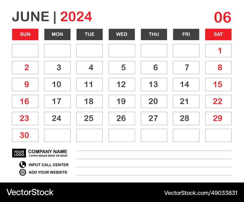 Calendar 2024 template june layout desk Royalty Free Vector