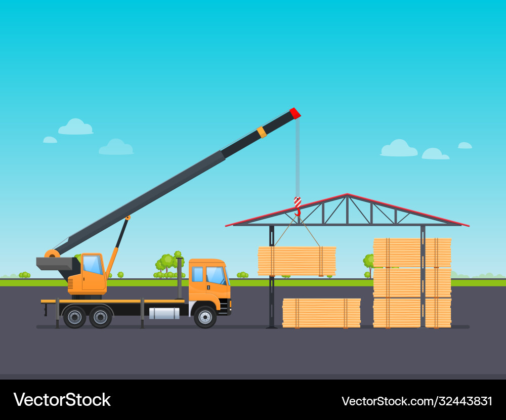 Cargo working machine with crane unloads wooden Vector Image