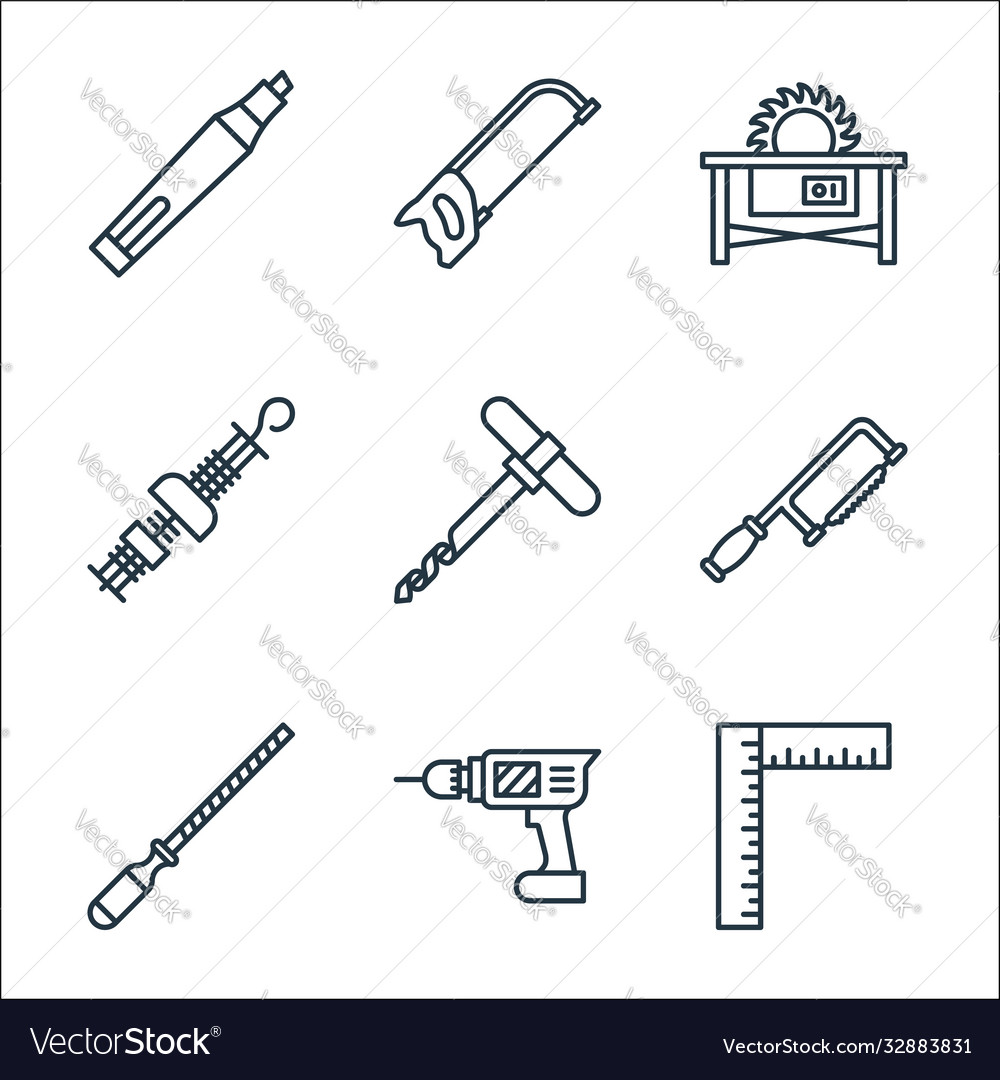 Carpentry line icons linear set quality line set Vector Image