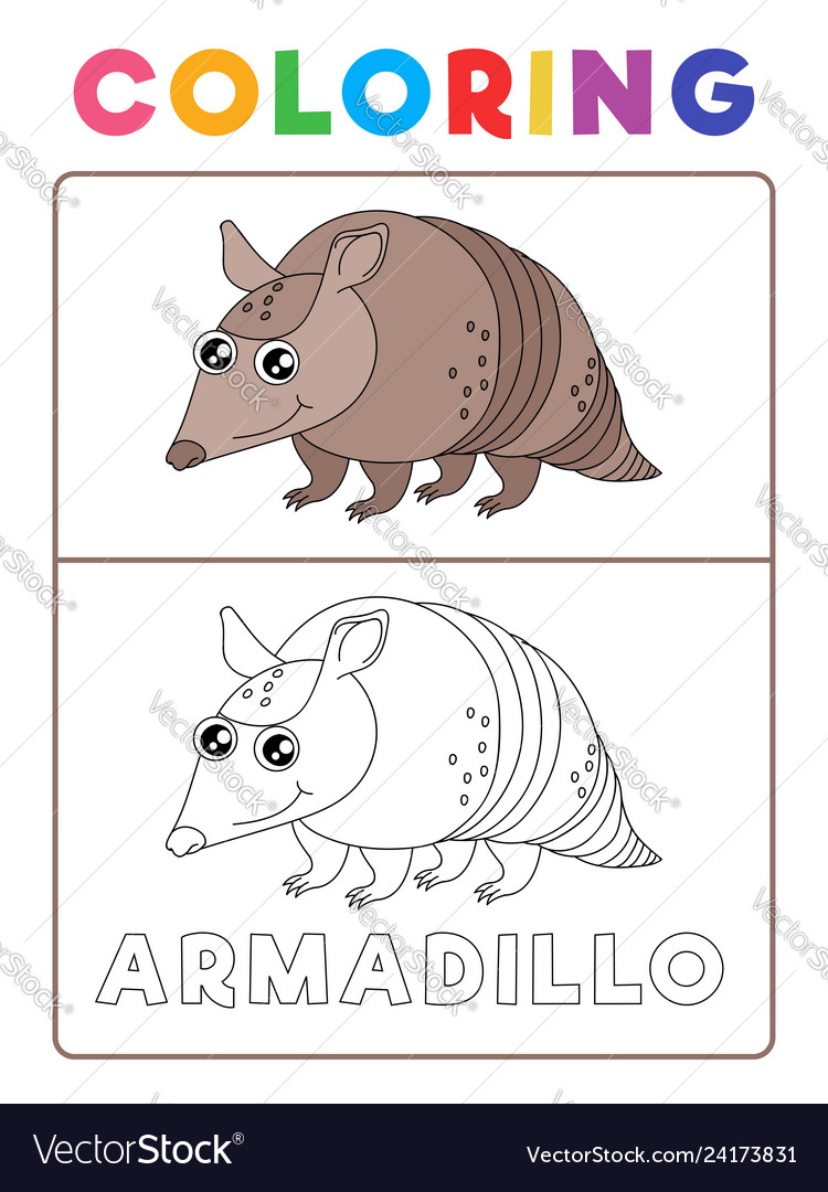 Funny armadillo animal coloring book with example Vector Image