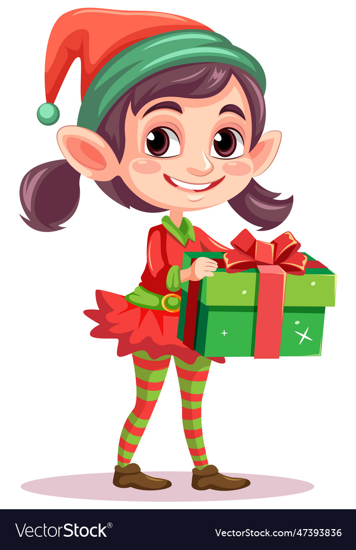 Elf girl cartoon christmas character holding gift Vector Image