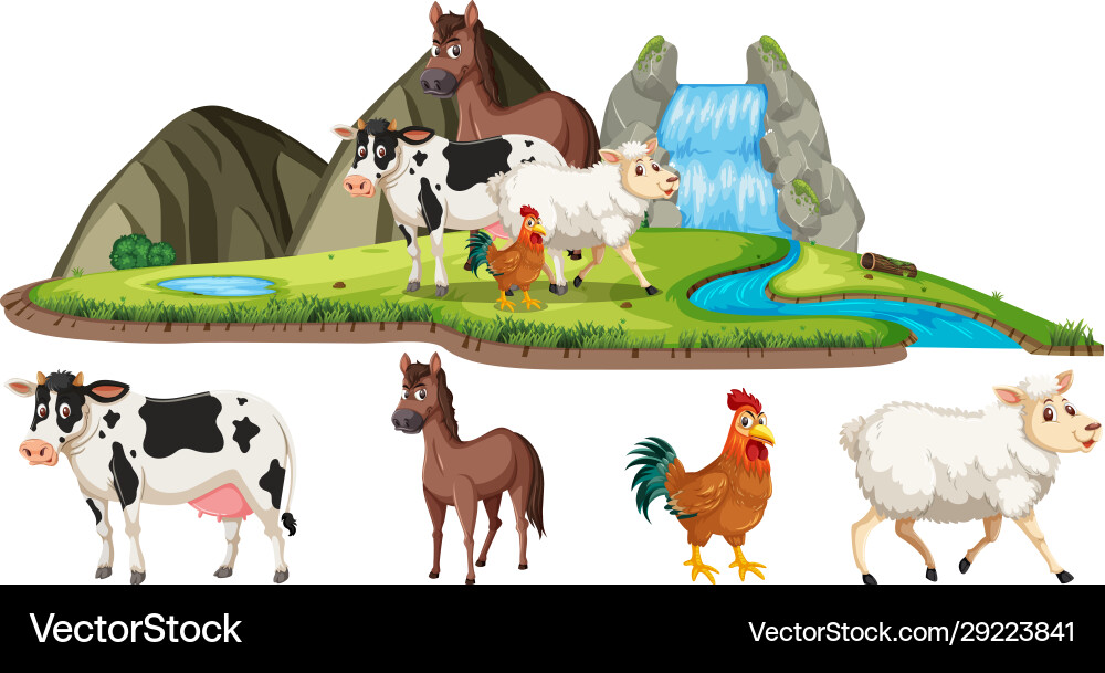 Scene with farm animals on land waterfall Vector Image
