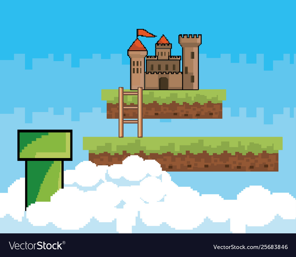 Arcade game world and pixel scene design Vector Image