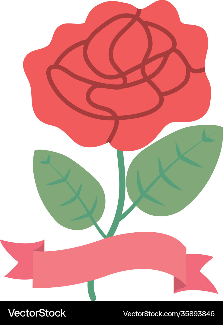 Red rose with pink ribbon flat style Royalty Free Vector