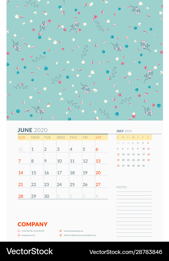 Wall calendar template for june 2020 week starts Vector Image