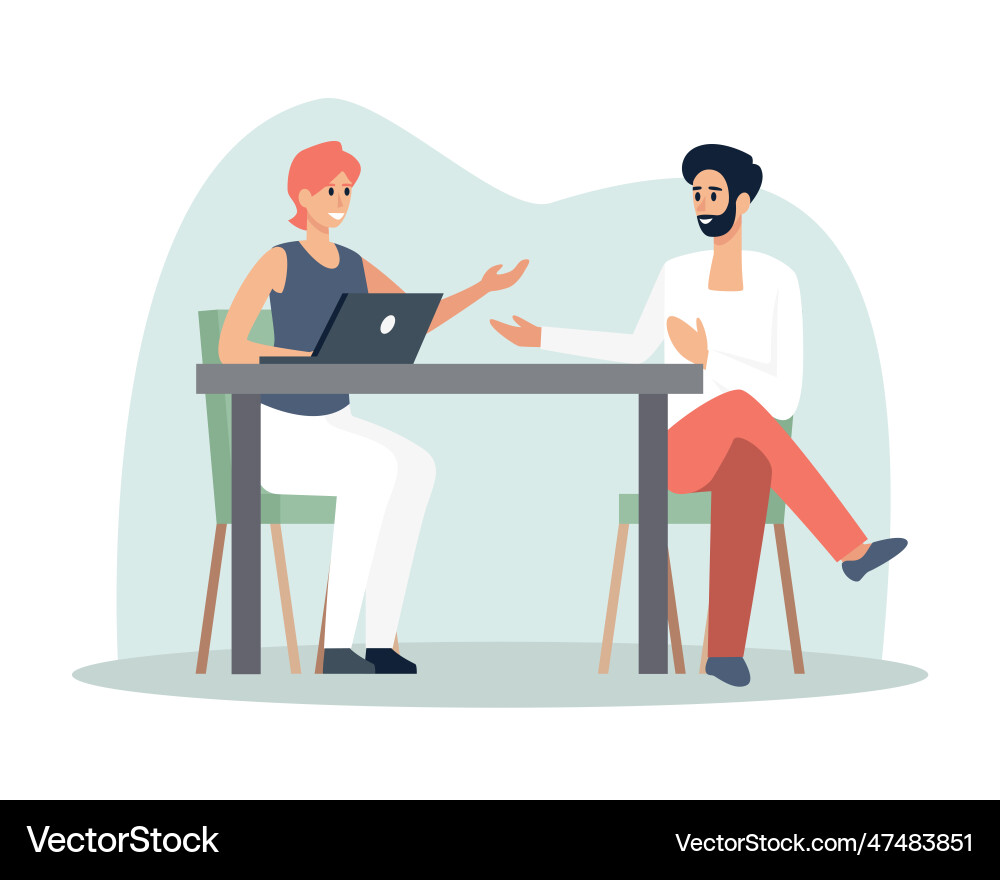 Man and woman sitting at table talking Royalty Free Vector