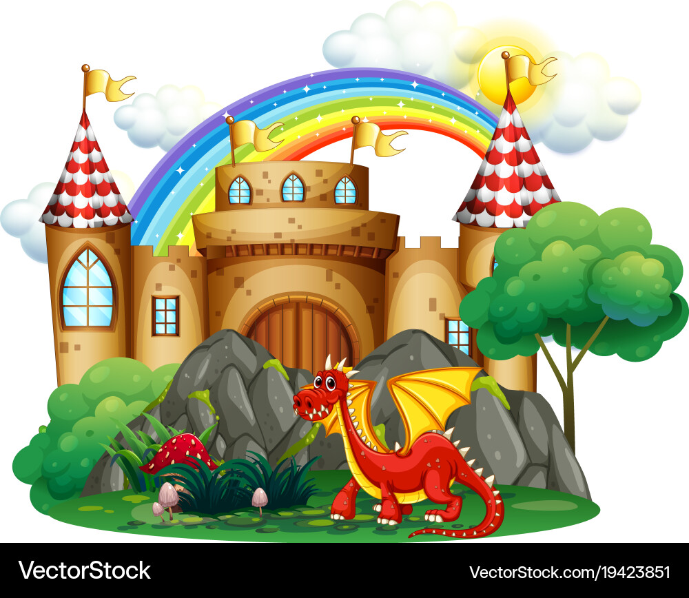Red dragon at the castle tower Royalty Free Vector Image