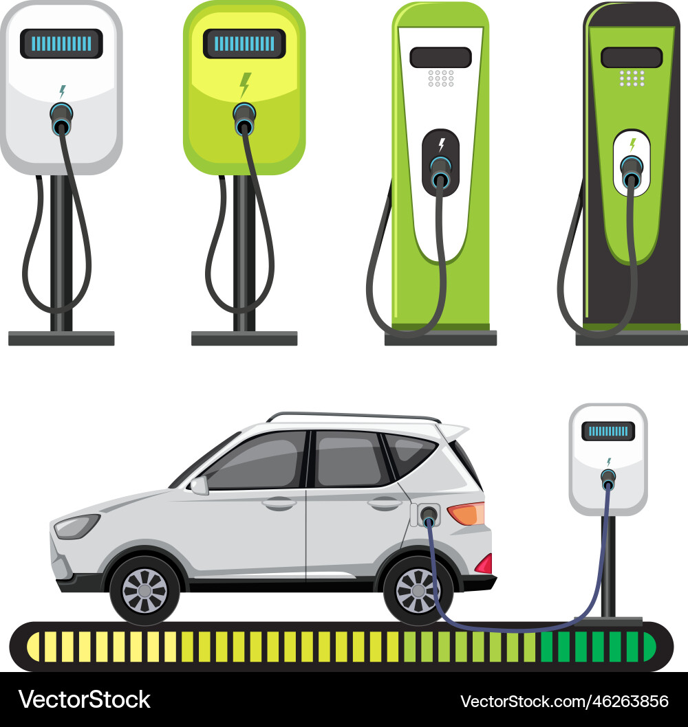 Ev charging station with electric car collection Vector Image