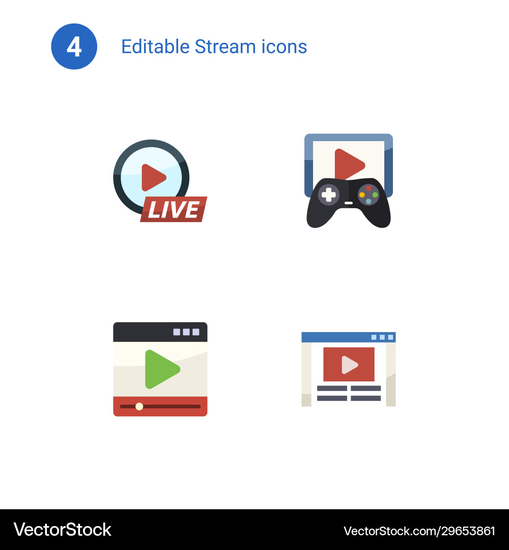 4 stream flat icons set isolated on icons set Vector Image