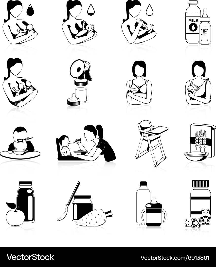 Baby feeding black icons set Royalty Free Vector Image