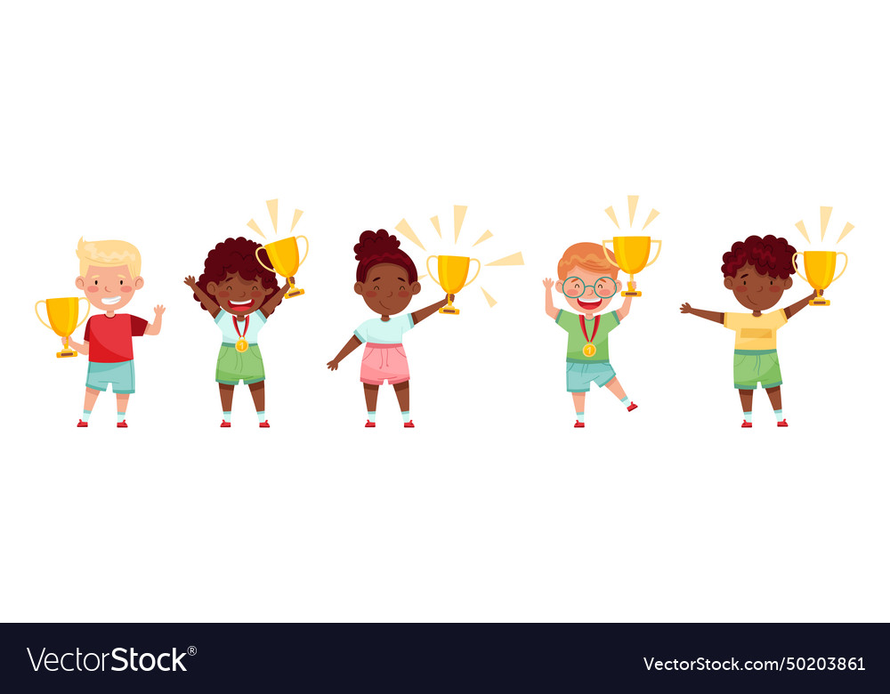 Cute kids winner holding trophy cup and medal Vector Image