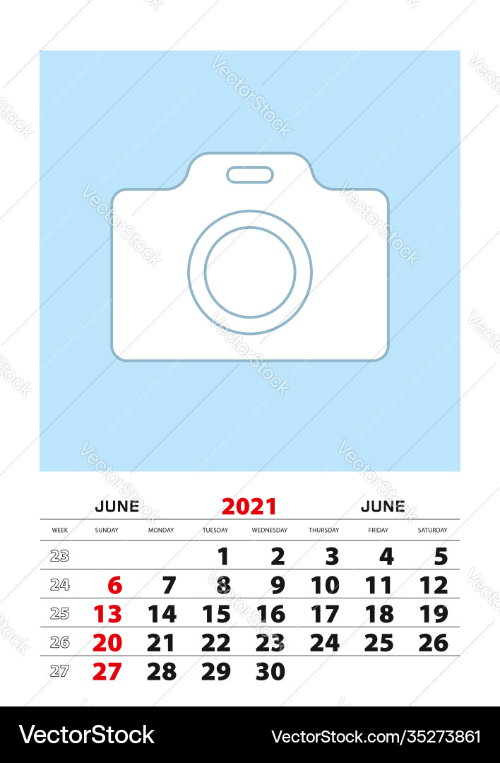 June 2021 calendar planner a3 size with place Vector Image