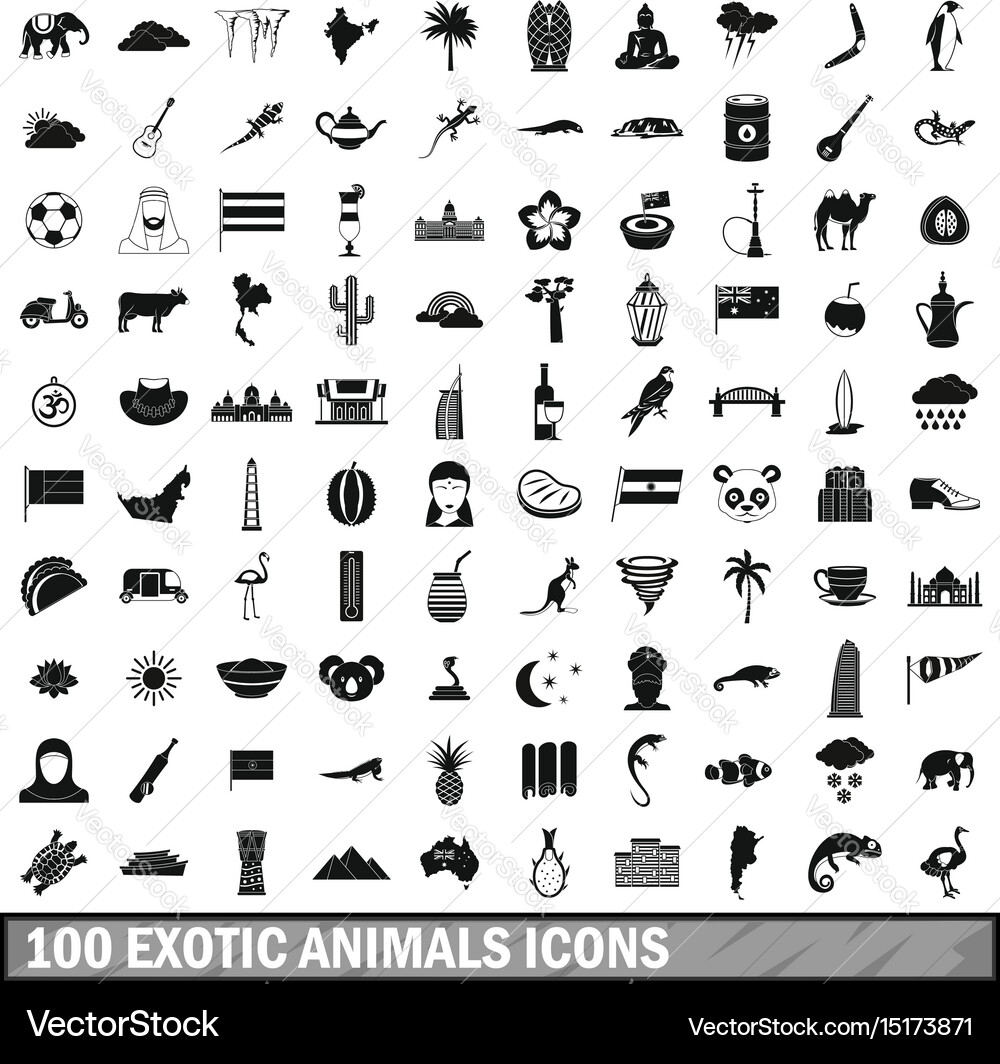 100 exotic animals icons set simple style Vector Image