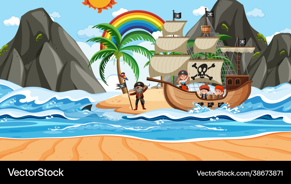 Beach with pirate ship at daytime scene Royalty Free Vector