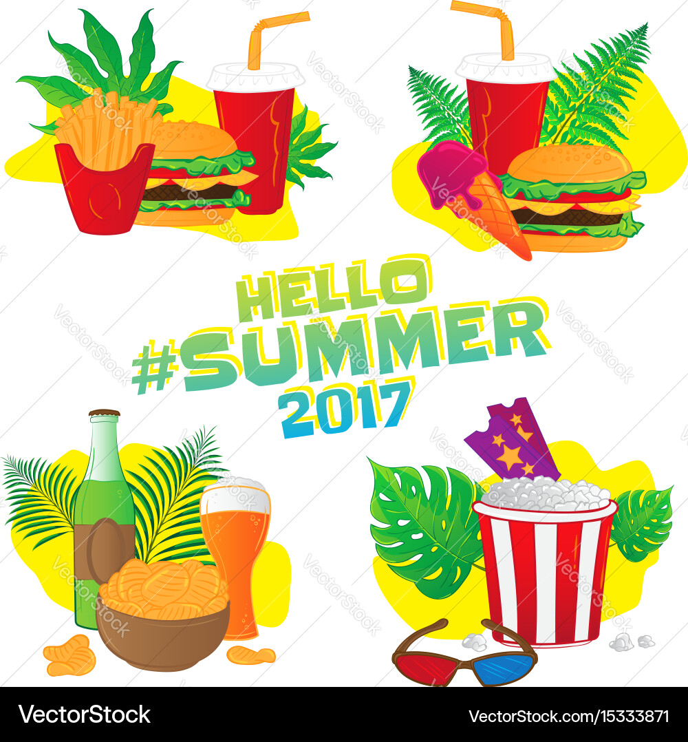 Hello summer fast food stickers with leafs Vector Image