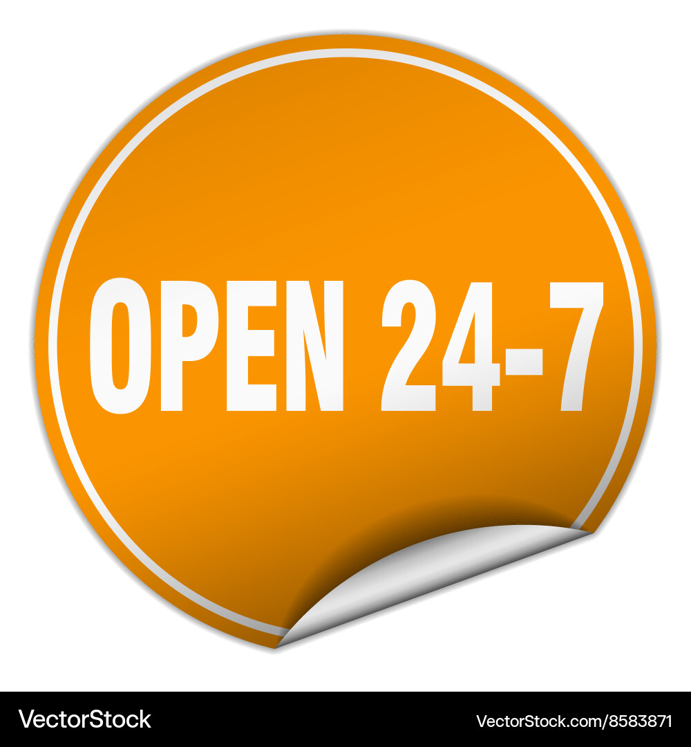 Open 24 7 round orange sticker isolated on white Vector Image