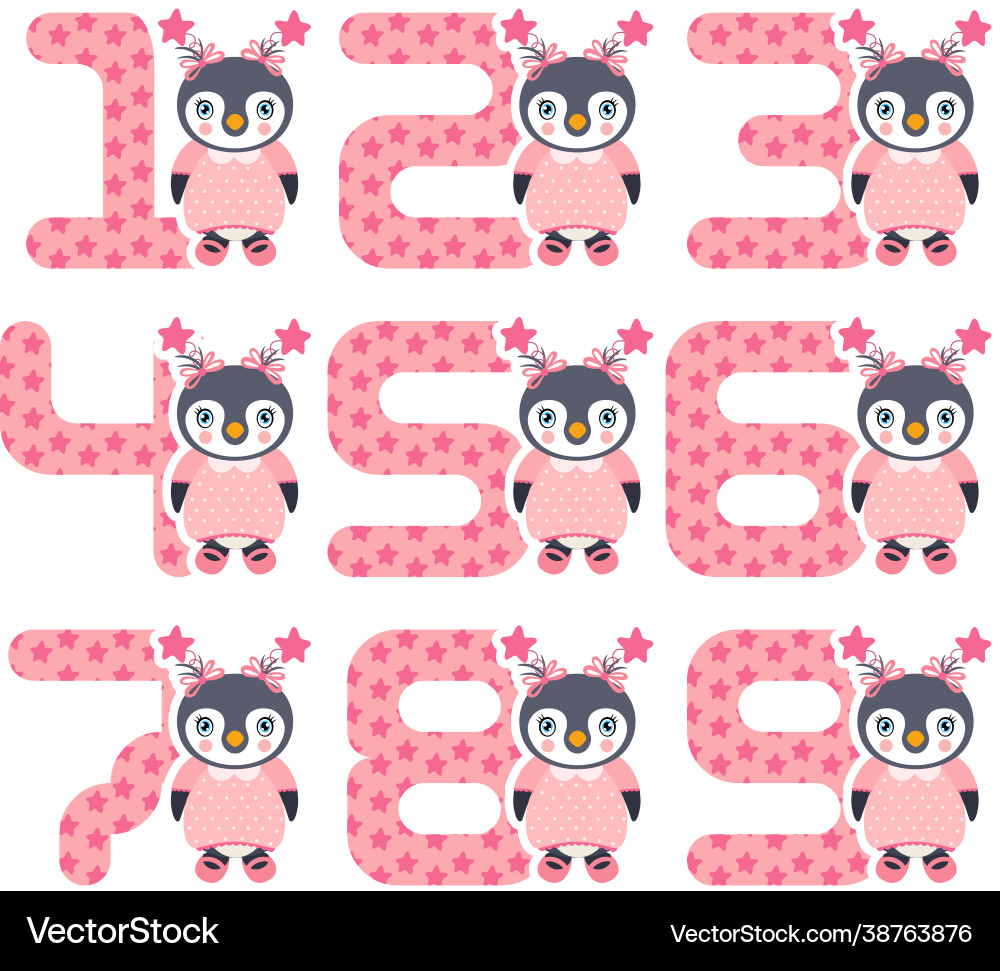Cute pink girl penguin different numbers set Vector Image