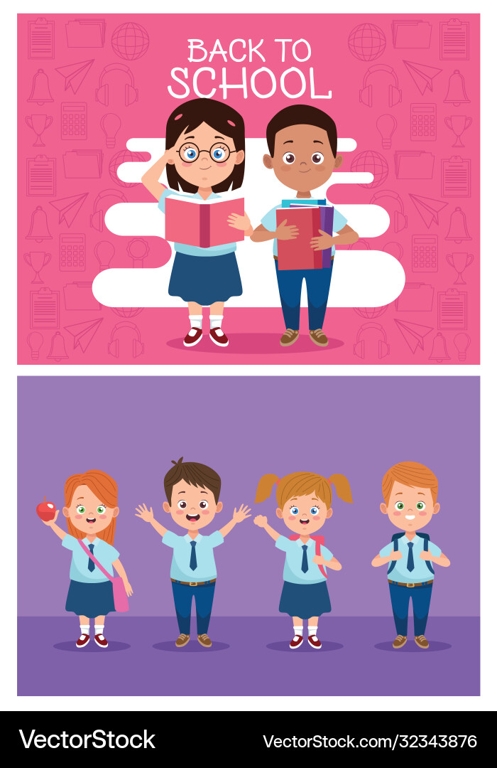 Little students group with uniforms characters Vector Image