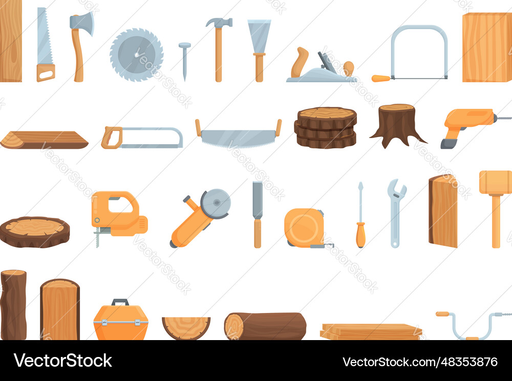 Woodworking icons set cartoon man Royalty Free Vector Image