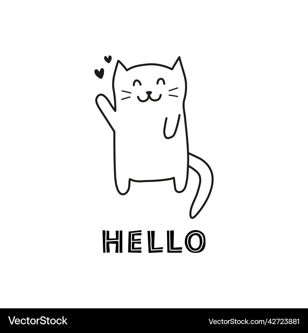Doodle welcoming cat with lettering hello Vector Image