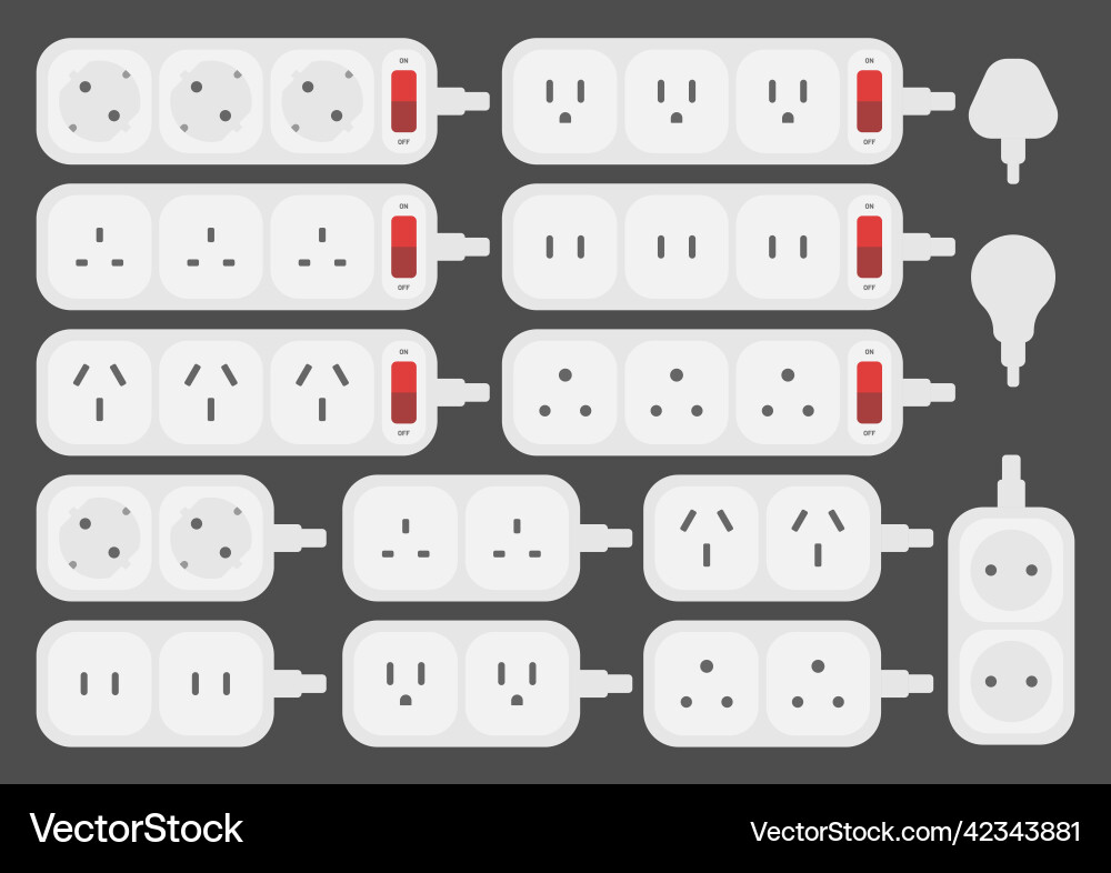 Power strip extension cord outlet plug set flat Vector Image
