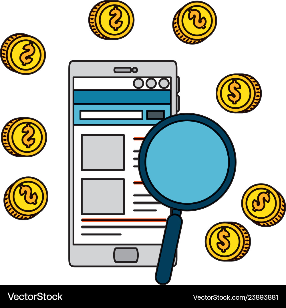 Smartphone with coins and magnifying glass Vector Image