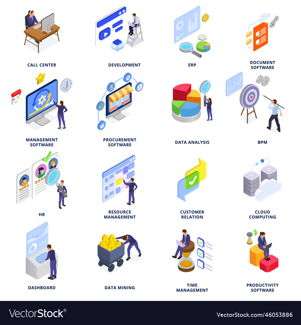 Business software isometric set Royalty Free Vector Image