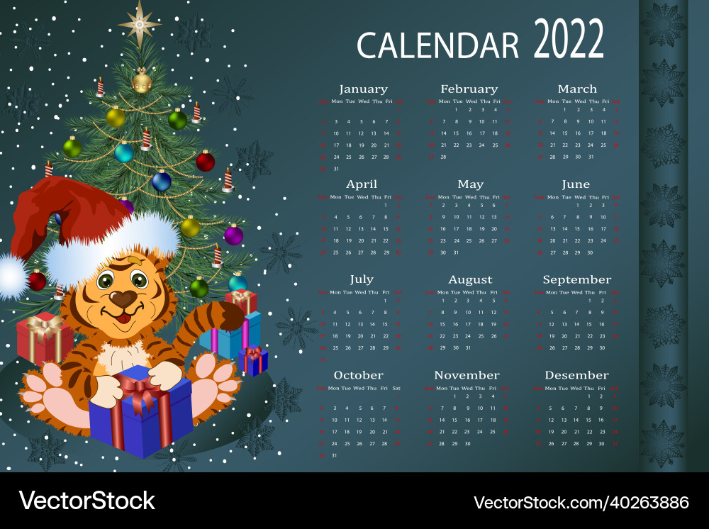 Calendar with a tiger and christmas tree Vector Image