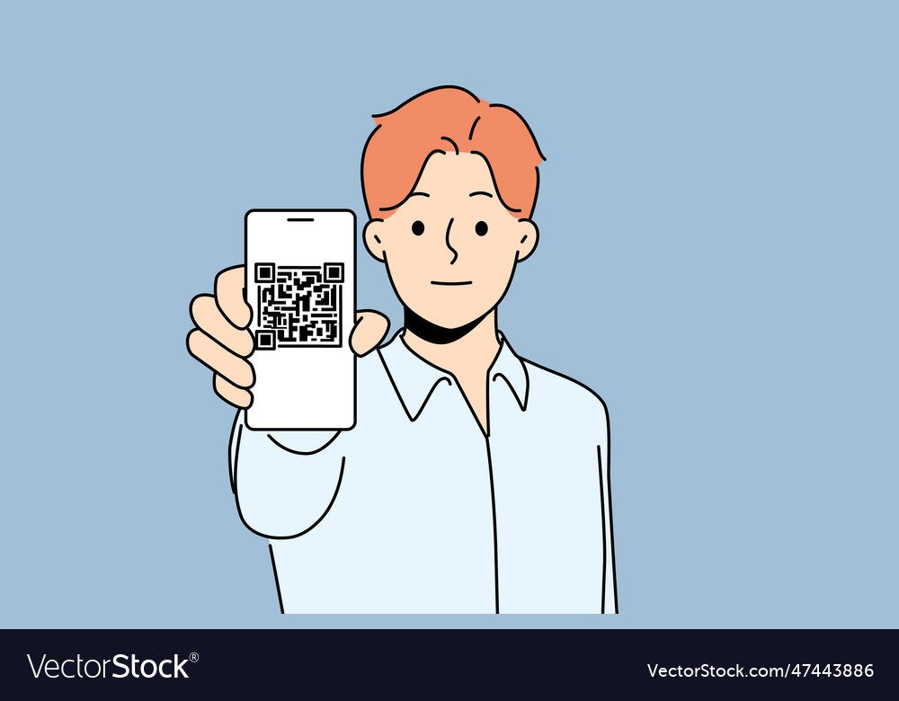 Man show qr code on cellphone Royalty Free Vector Image
