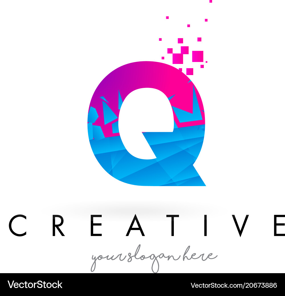 Q letter logo with shattered broken blue pink Vector Image