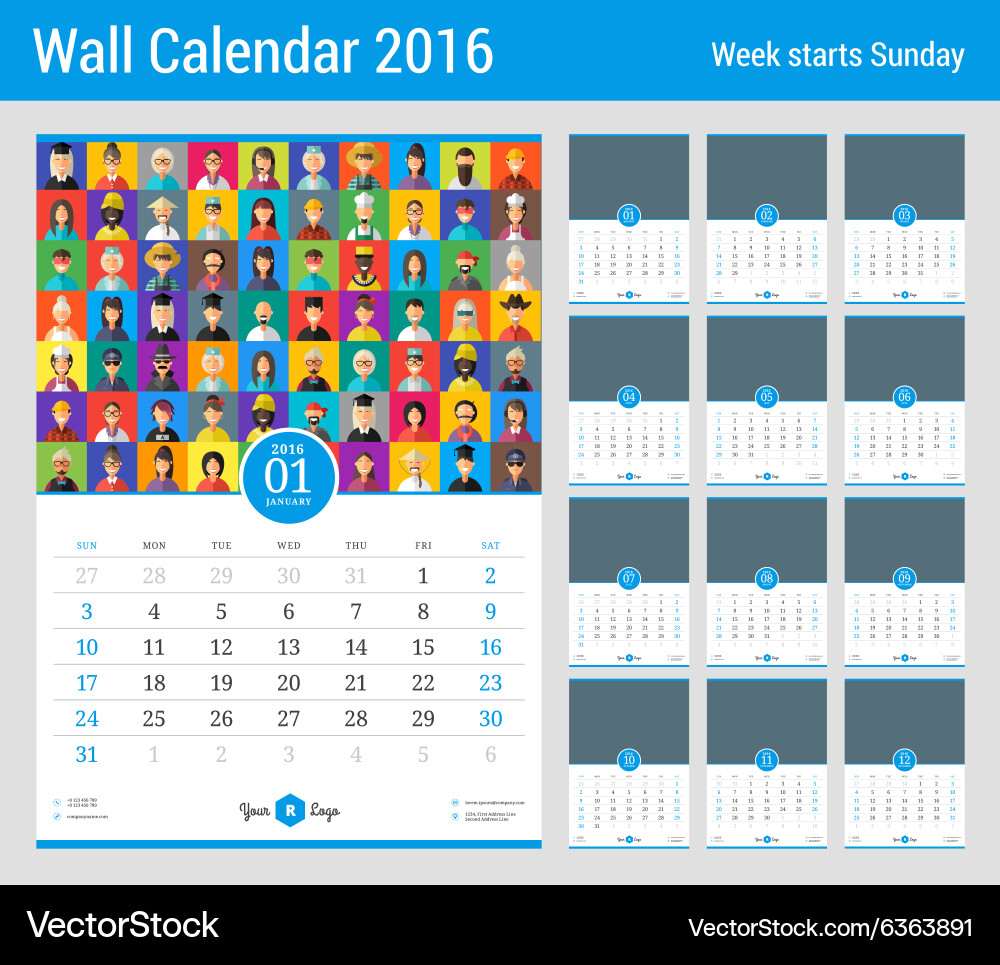 Wall calendar for 2016 year stationery design Vector Image