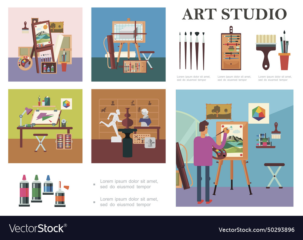 Flat art studio elements composition Royalty Free Vector