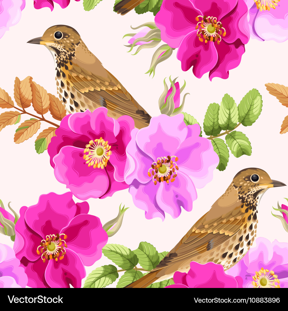 Seamless dog-rose and bird Royalty Free Vector Image