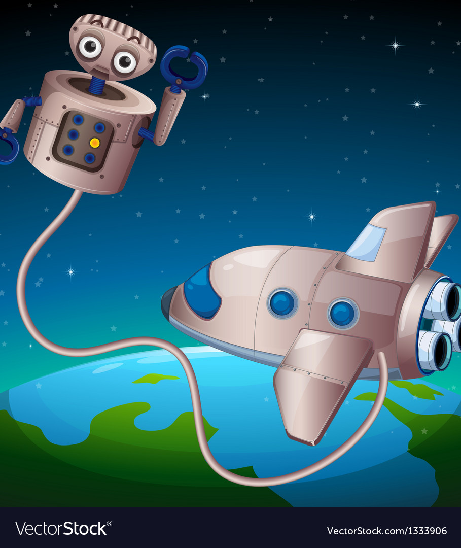 A robot and an aircraft at the outerspace Vector Image