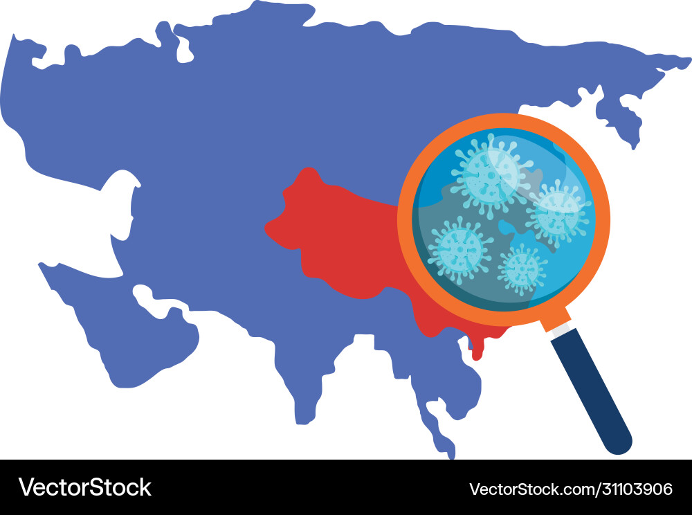 Asia map with covid19 particles and magnifying Vector Image
