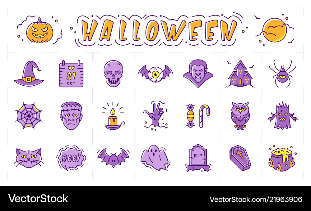 Halloween icon set pumpkin ghost scary wood Vector Image
