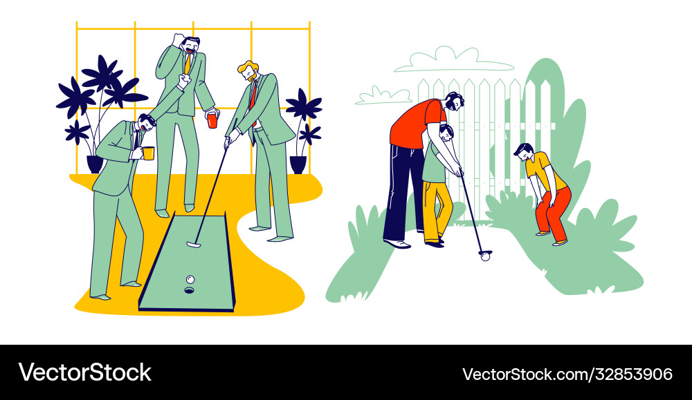 Men in business suit playing mini golf in office Vector Image