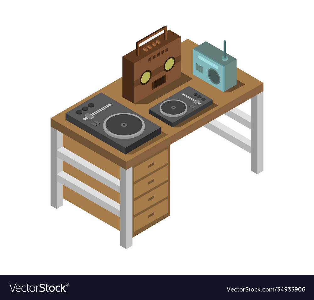 Table with musical objects isometric Royalty Free Vector