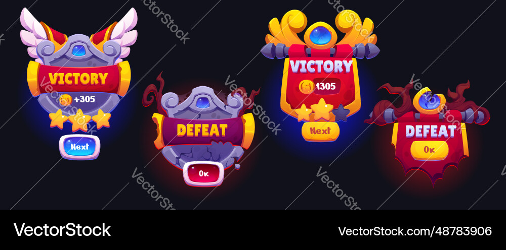 Victory and defeat game ui badges set Royalty Free Vector