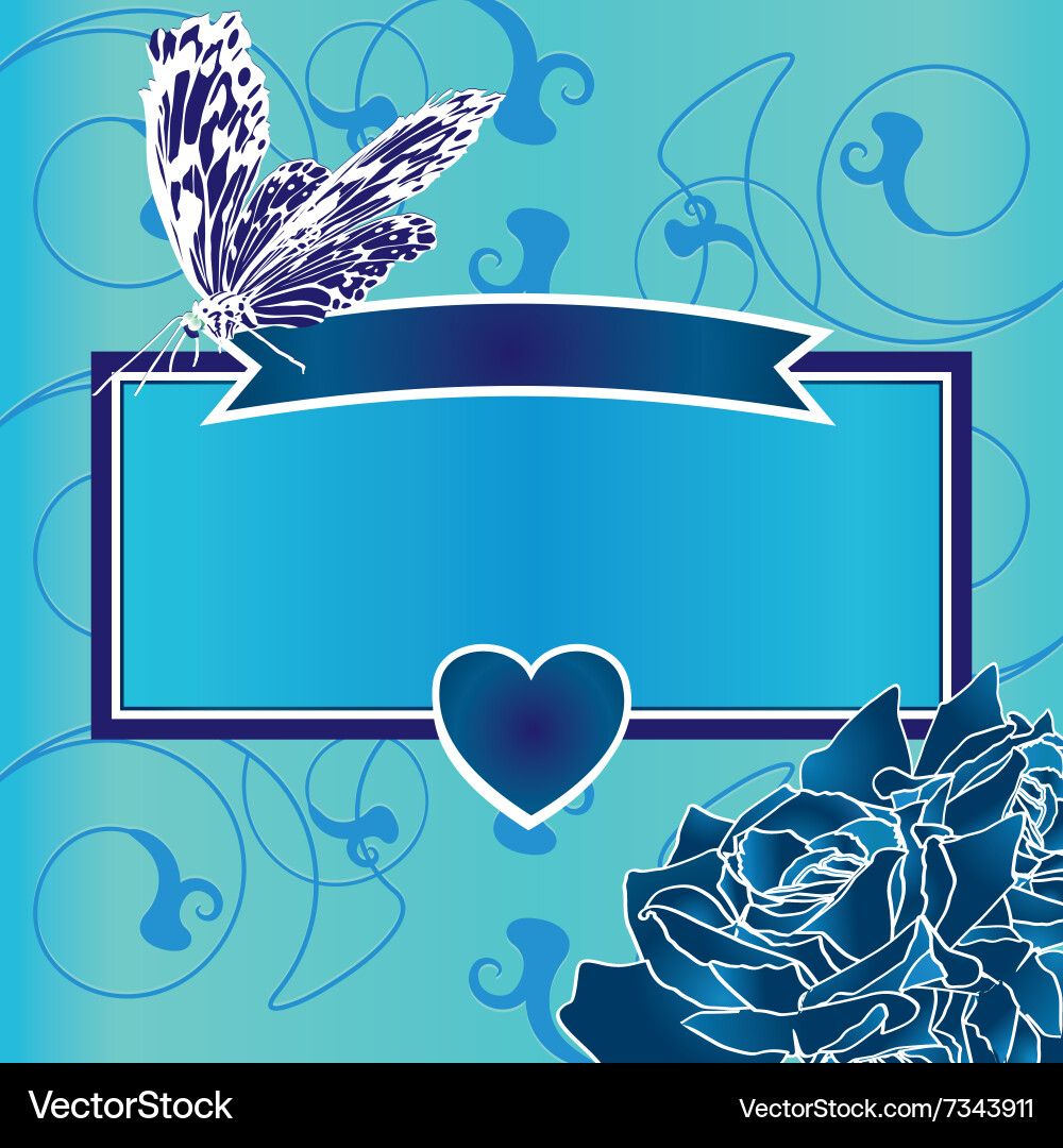 Blue frame with heart butterfly and roses Vector Image
