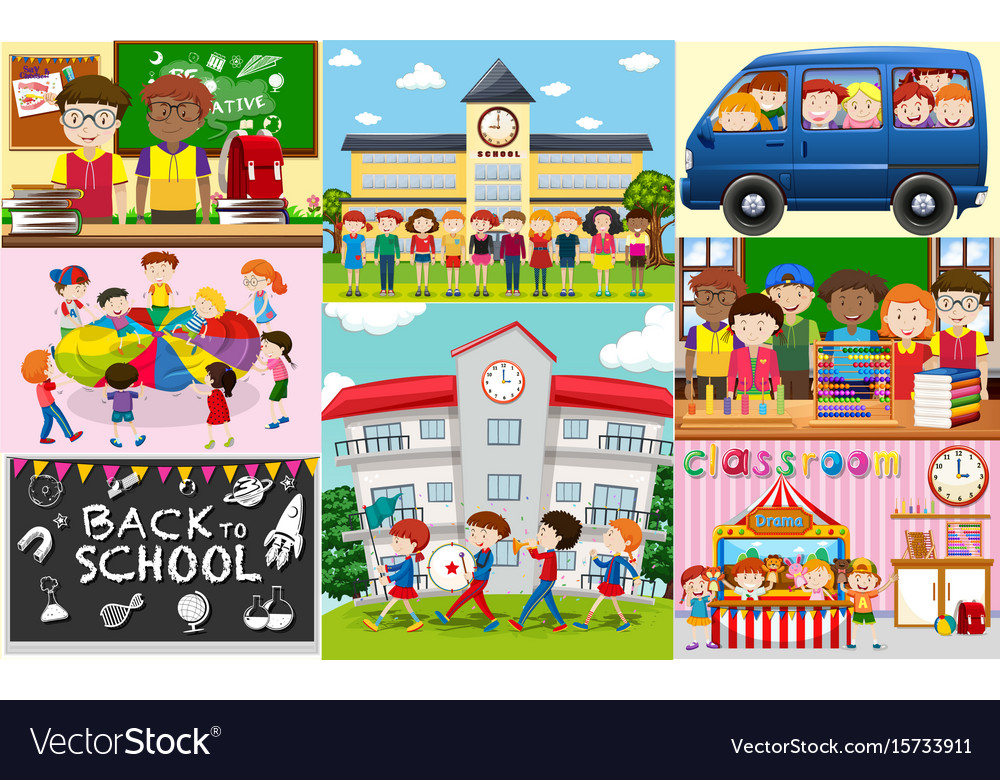 School scenes with students and classrooms Vector Image