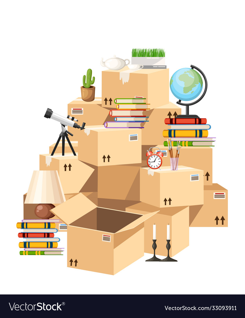 Stack boxes cardboard boxes with objects Vector Image