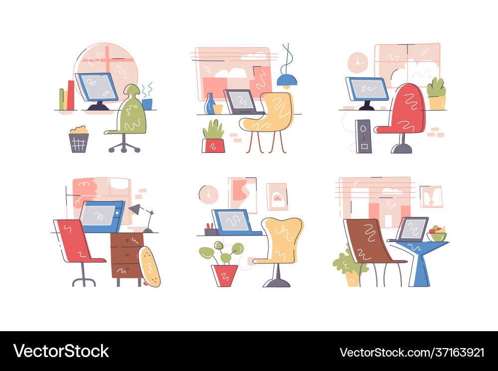 Collection empty modern workplaces Royalty Free Vector Image